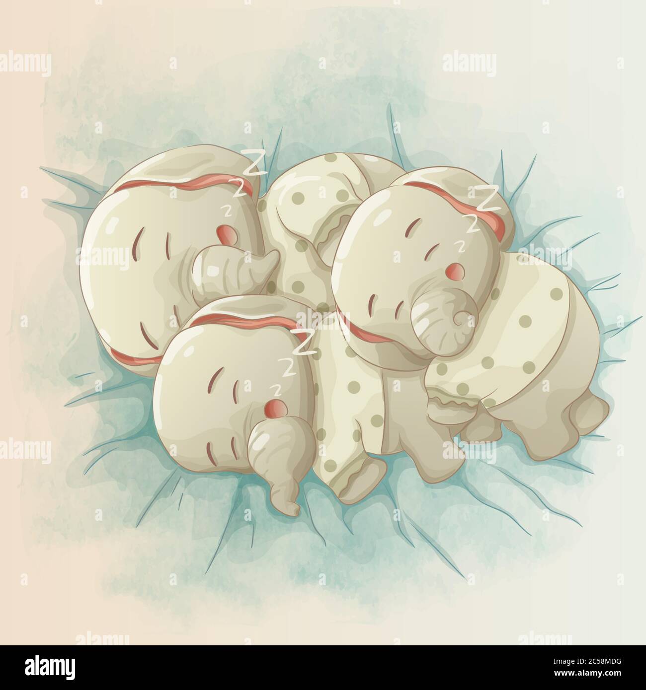 three cute baby elephants sleeping together. vector cartoon hand drawn ...