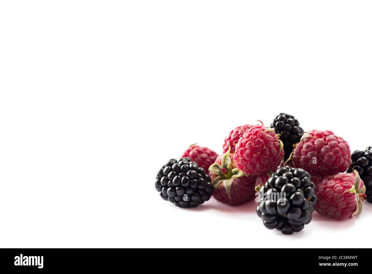 Ripe raspberries and blackberries. Background of mix fruits with copy ...