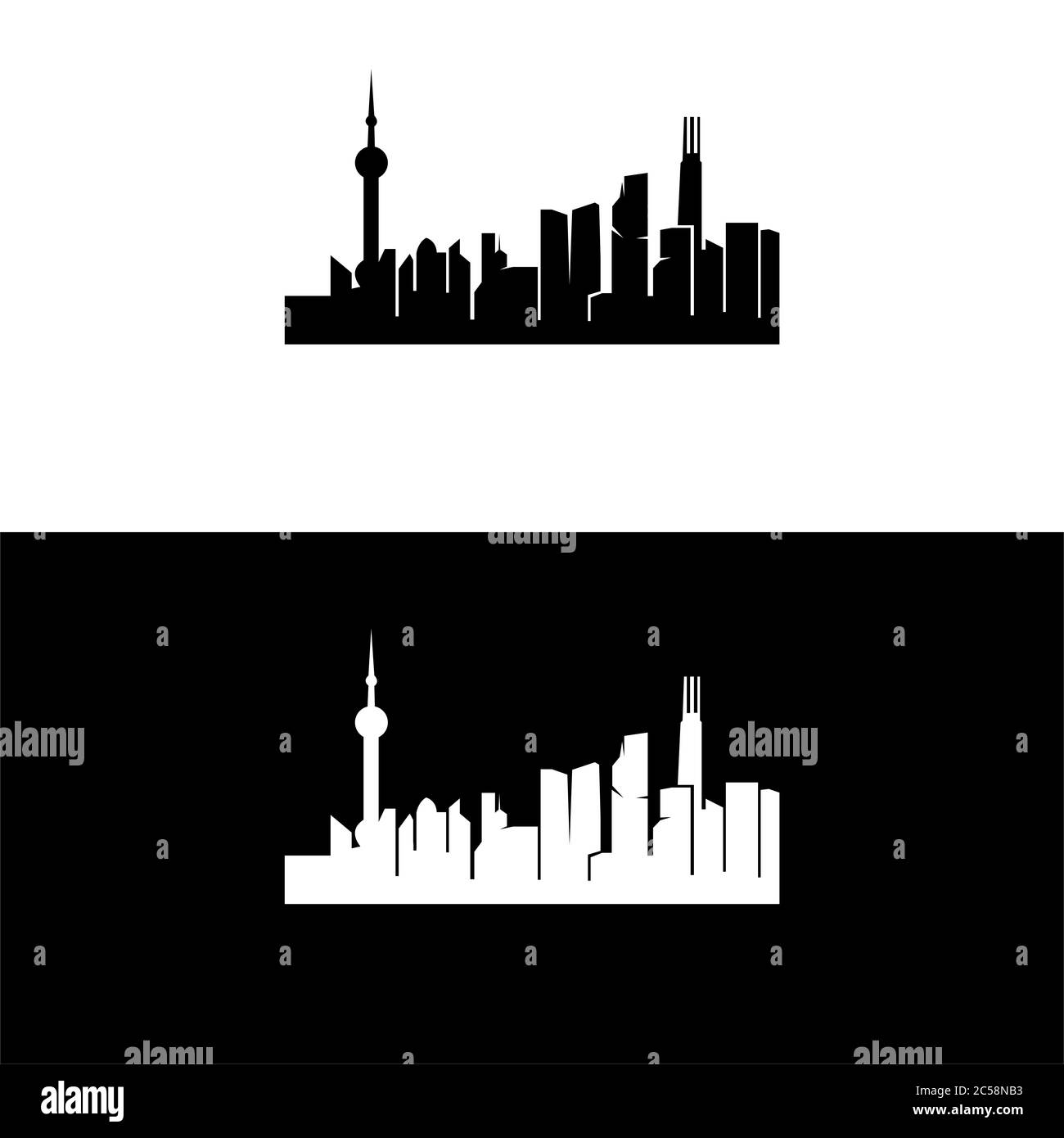 Shanghai city skyline silhouette on white and black background. Vector ...