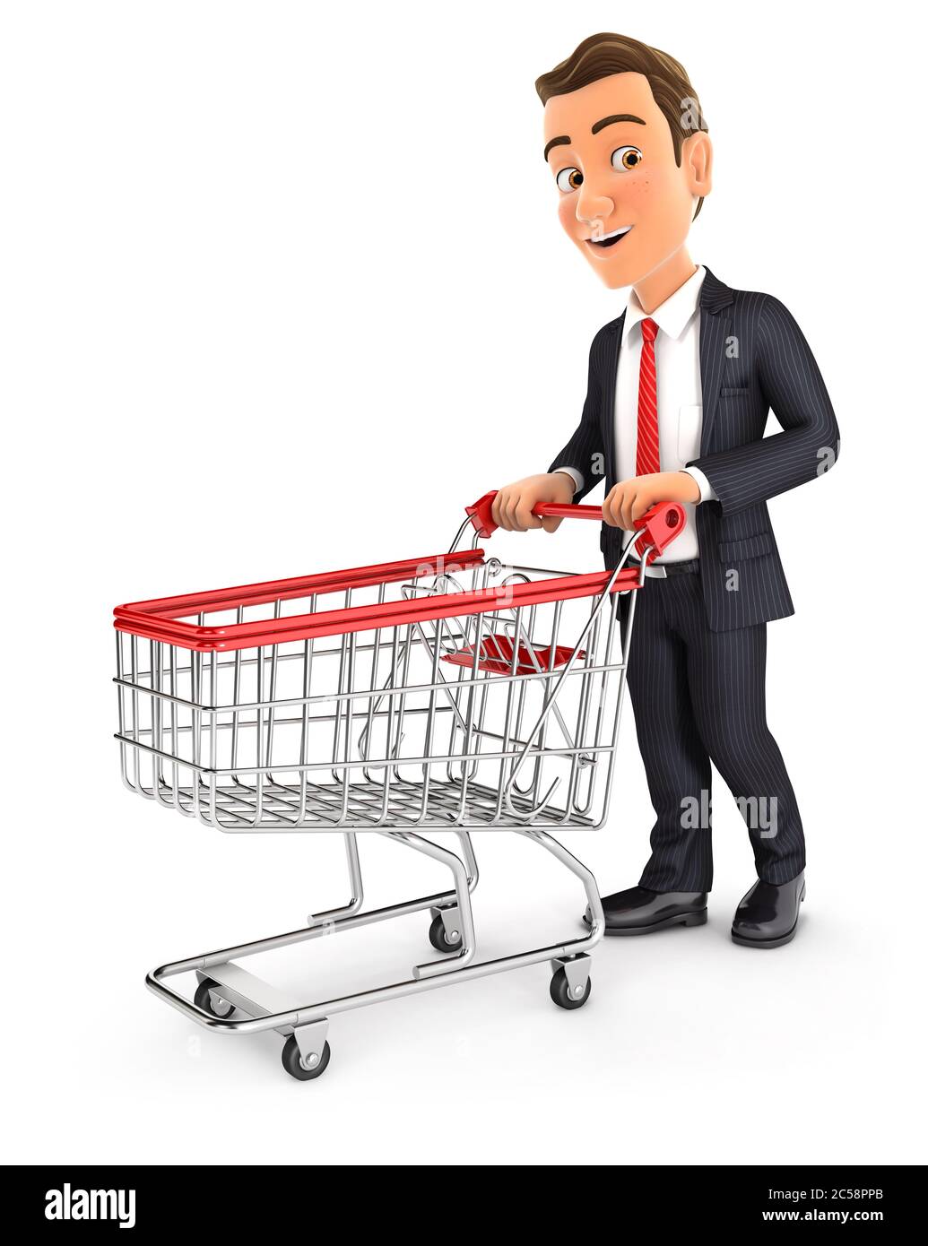 3d businessman pushing supermarket trolley, illustration with isolated ...