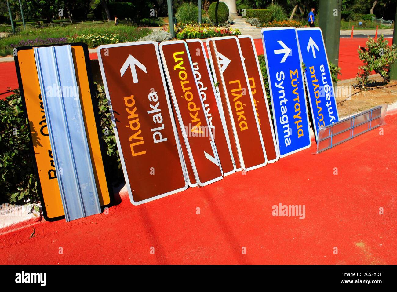 Greece, Athens, June 16 2020 - Road signs stacked, pedestrian footway ...