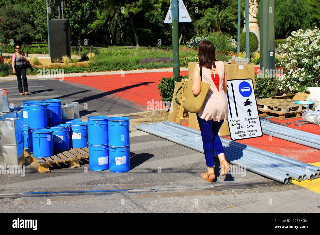 Greece, Athens, June 16 2020 - Road signs stacked, pedestrian footway ...