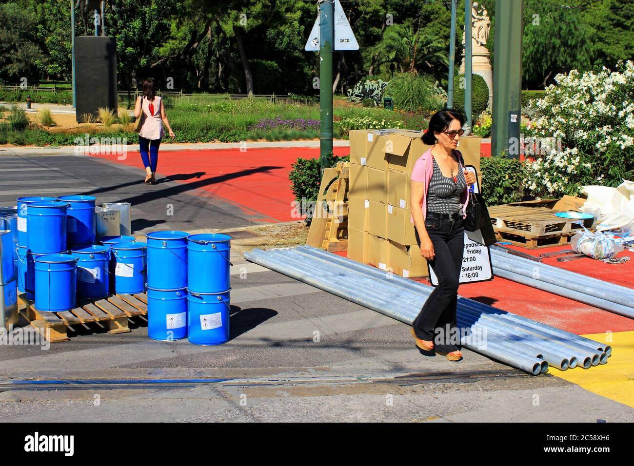 Greece, Athens, June 16 2020 - Road signs stacked, pedestrian footway ...