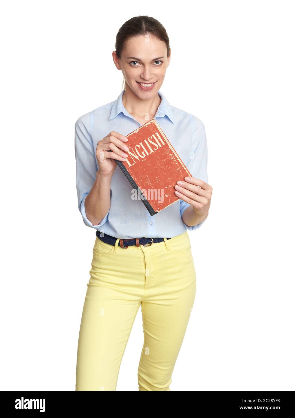 learning english. Happy smiling woman is holding an textbook. Isolated ...