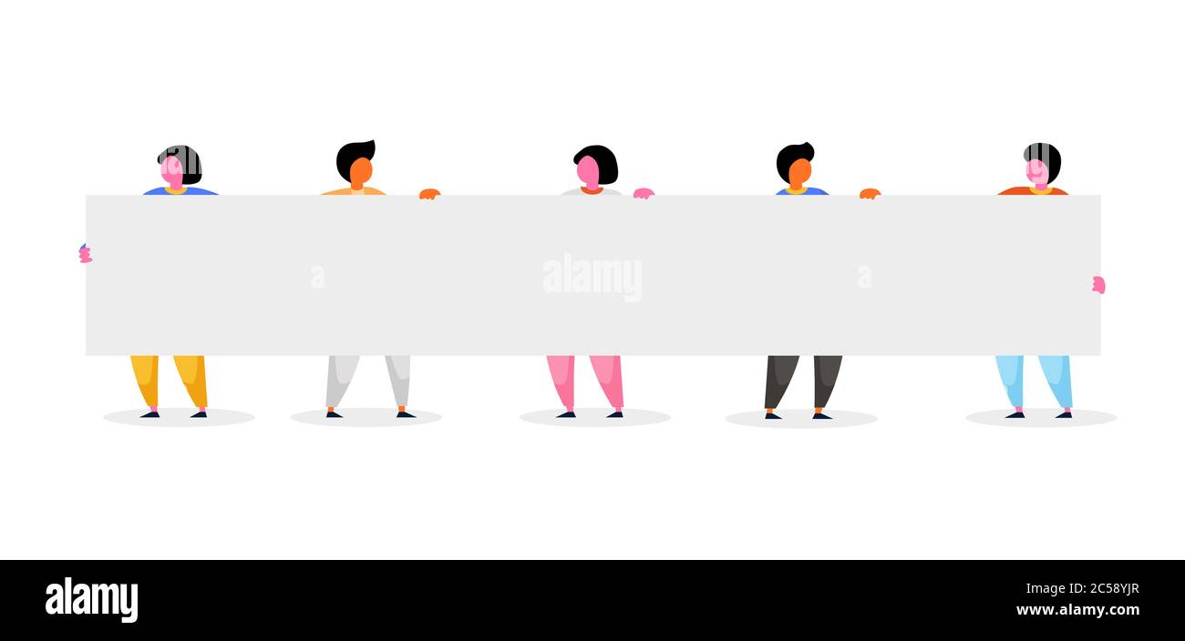 Group of happy people holding white placard with copy space for text ...