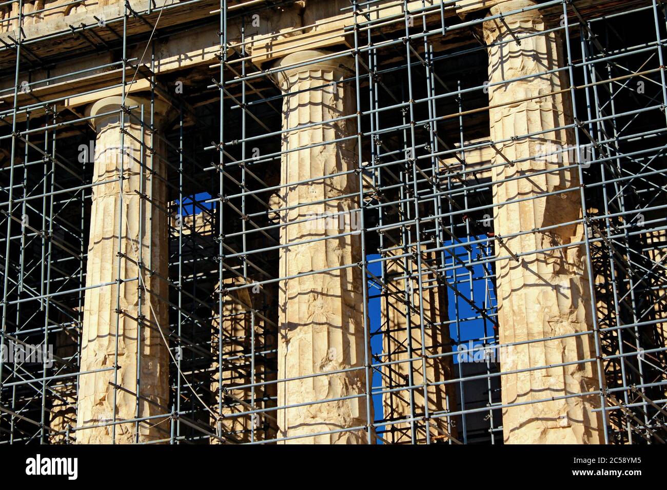 Greece, Athens, Acropolis hill, June 16 2020 - Scaffolding for restoration works on Parthenon ...