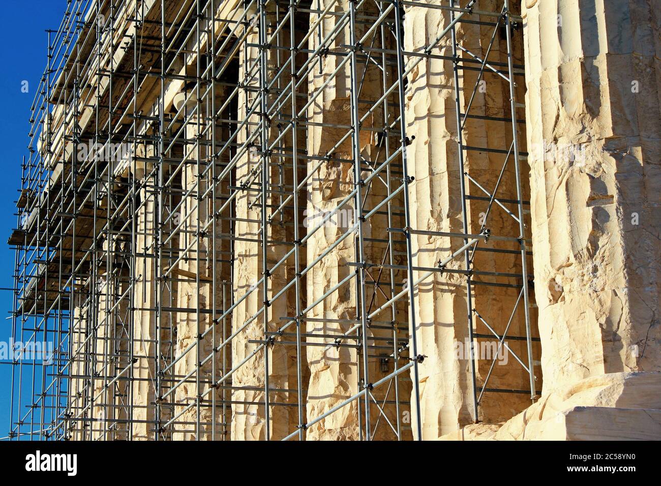 Greece, Athens, Acropolis hill, June 16 2020 - Scaffolding for restoration works on Parthenon ...