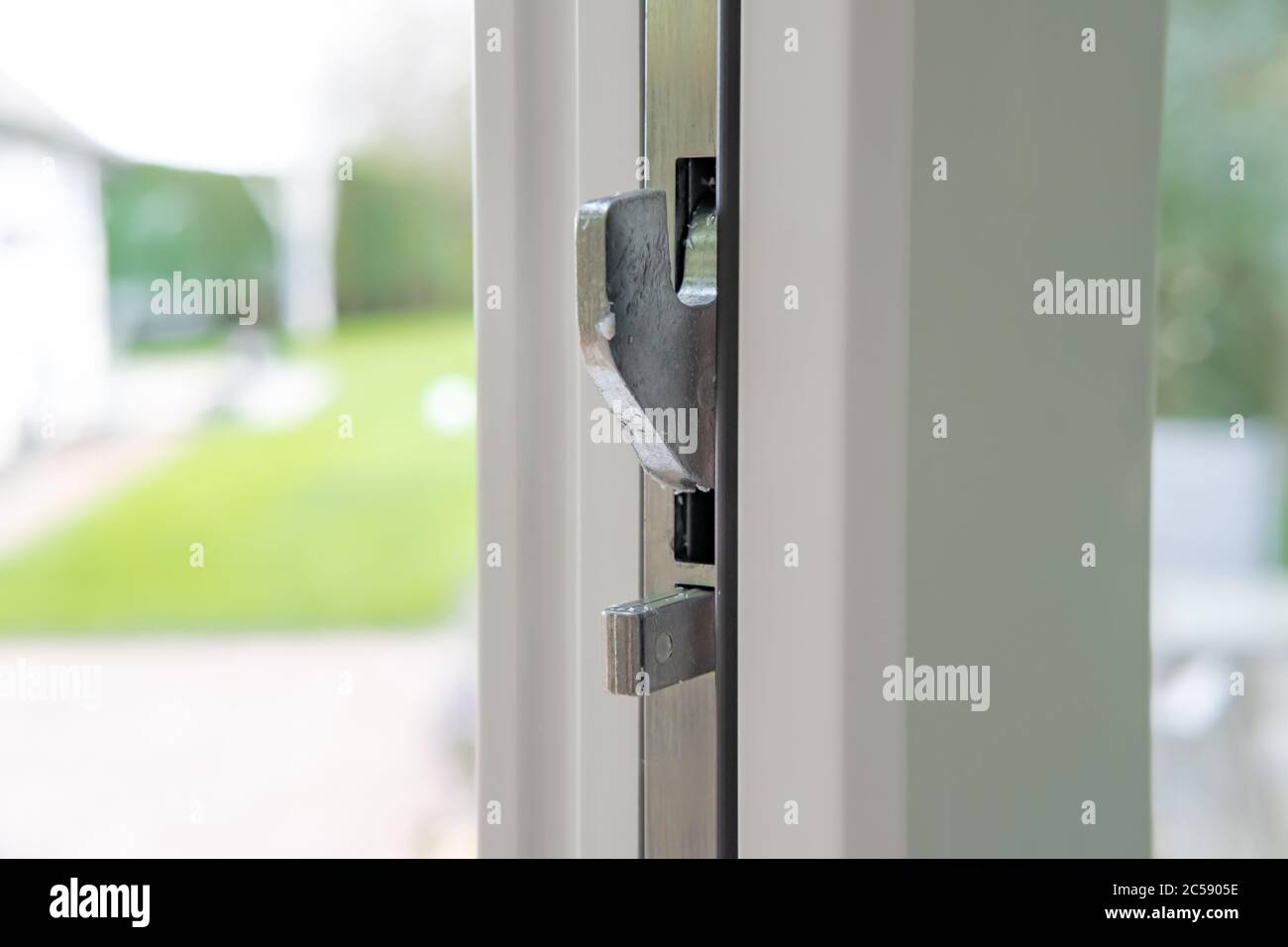 Close-up, shallow focus of a high-security latching system seen on a ...