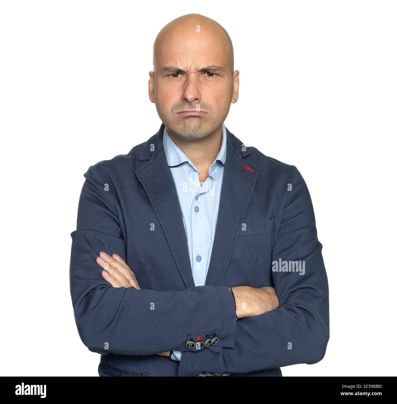 portrait of angry bald man isolated on white studio background ...