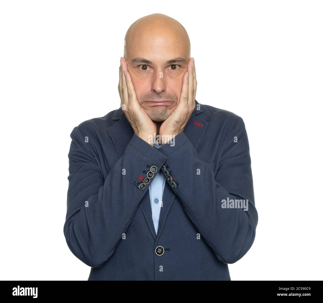 Shocked bald man isolated on white background Stock Photo - Alamy