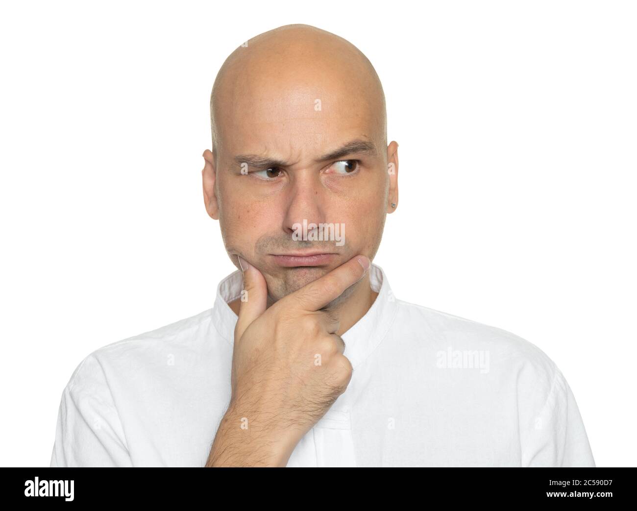 Serious bald man is thinking isolated on white Stock Photo - Alamy