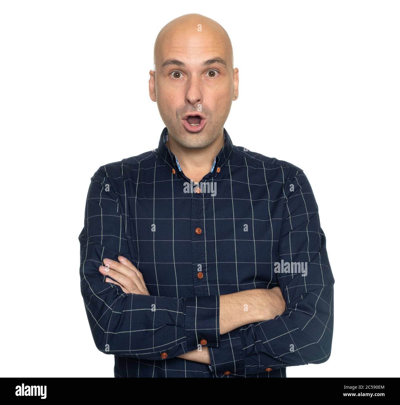 Surprised bald man isolated on white background Stock Photo - Alamy