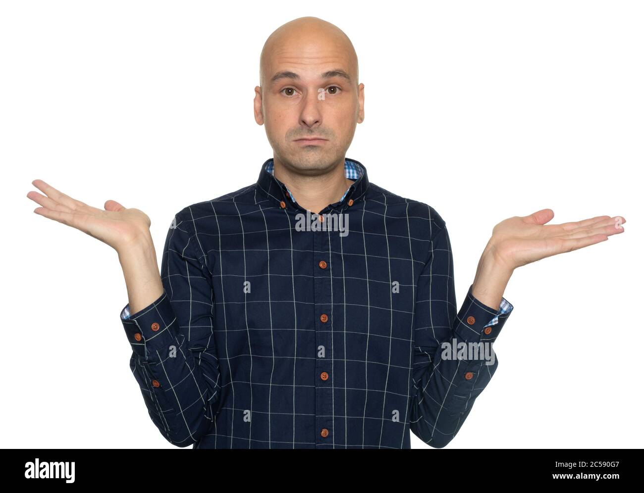 Confused bald man isolated on white studio background Stock Photo - Alamy
