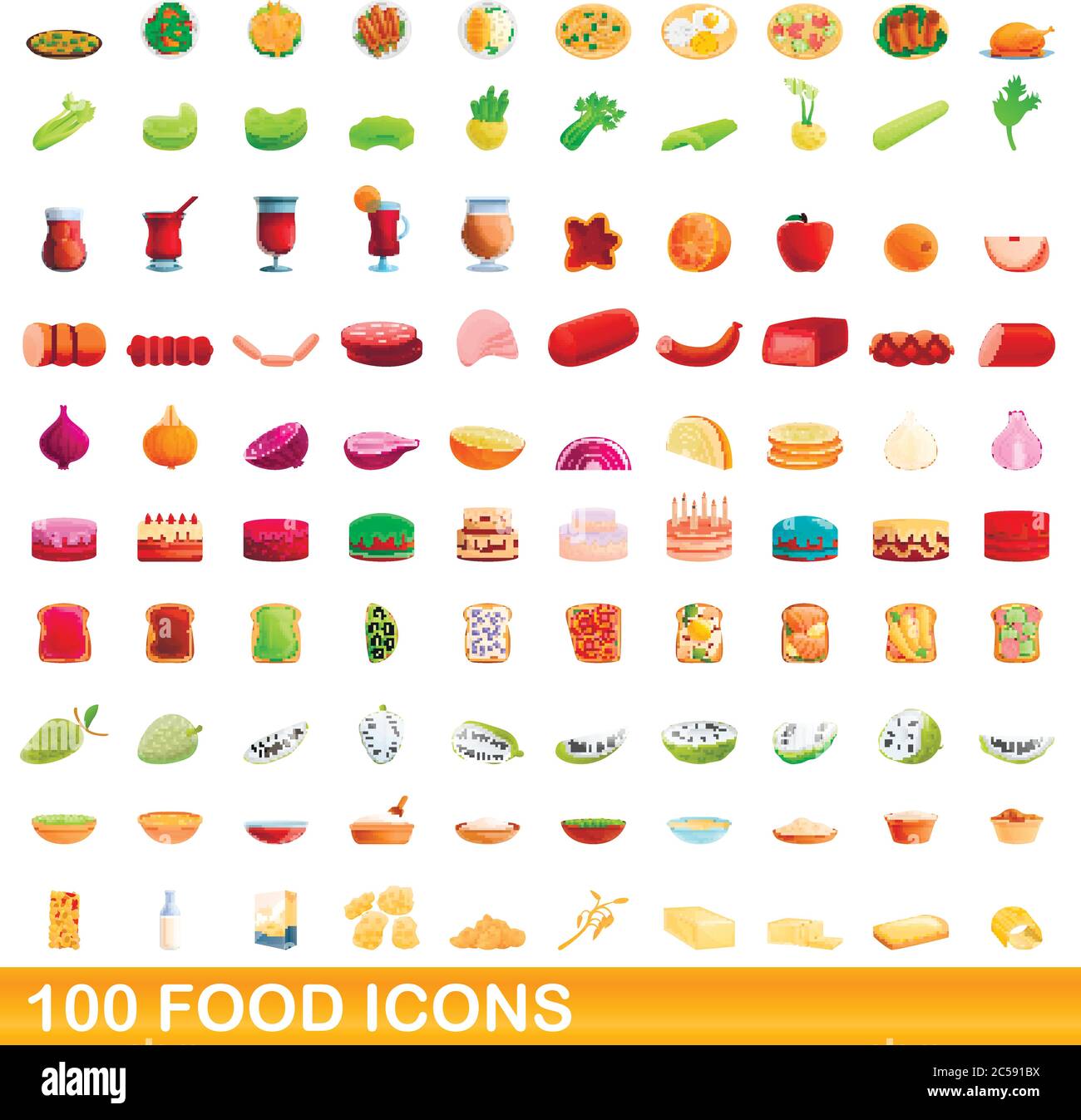100 food icons set. Cartoon illustration of 100 food icons vector set ...