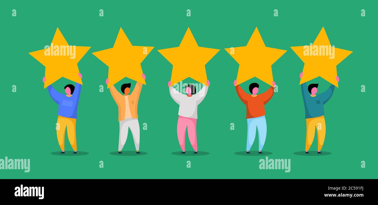 Five stars rating flat style vector concept. People are holding stars ...