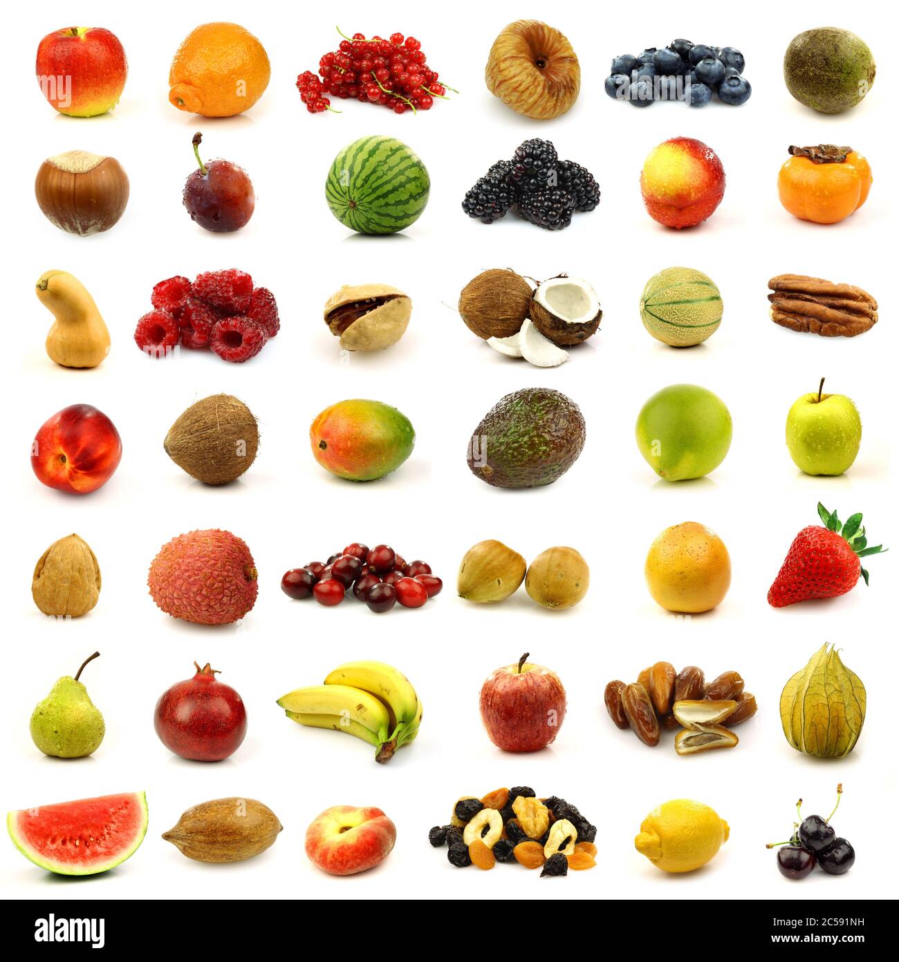 collection of fresh and colorful fruits and nuts isolated on white ...