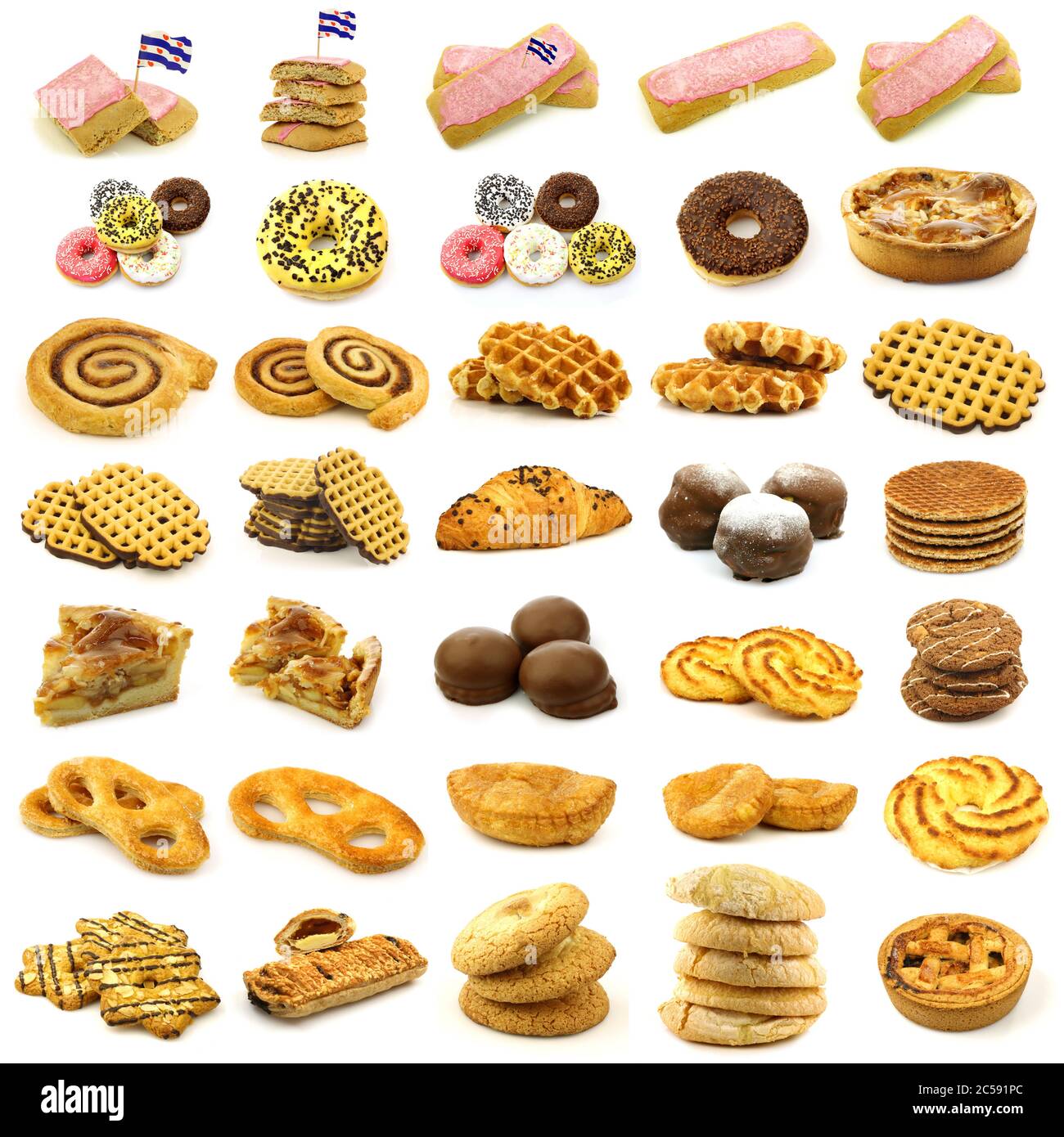 collection of freshly baked buns,cookies,cakes and bread on a white ...