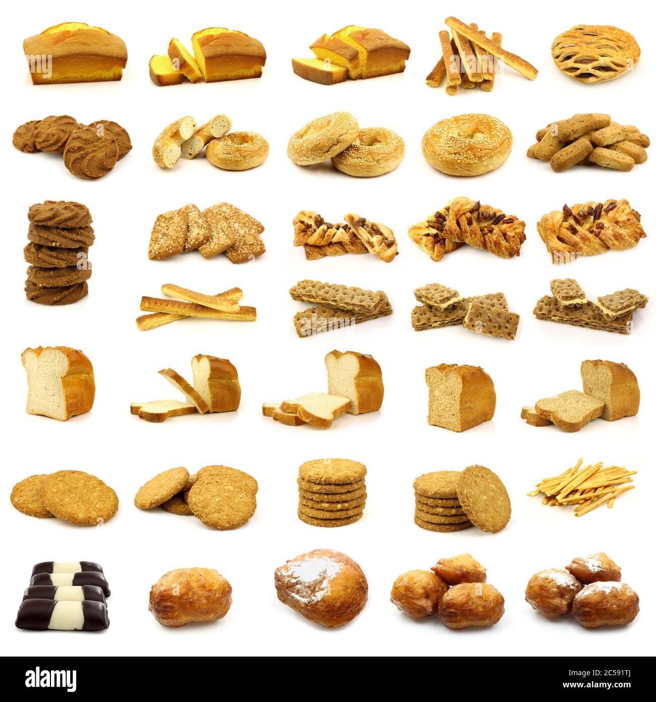 collection of freshly baked buns,cookies,cakes and bread on a white ...