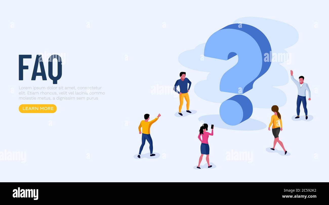 People Characters Standing near Question Marks. Women and Men Ask Questions and receive Answers ...