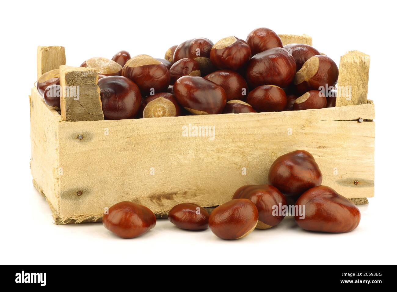 freshly fallen chestnuts(Aesculus hippocastanum) in a wooden crate on a ...