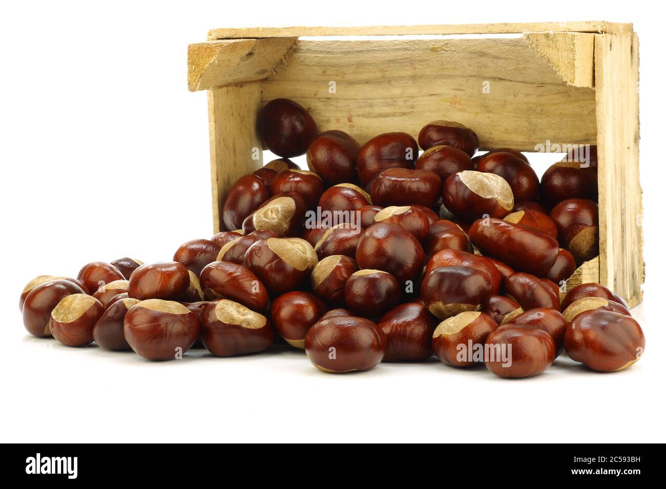 freshly fallen chestnuts(Aesculus hippocastanum) in a wooden crate on a ...