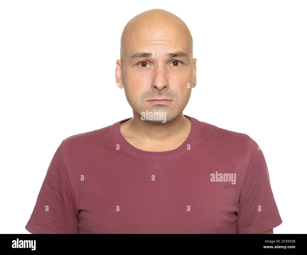 Portrait of a sad bald man isolated on white Stock Photo - Alamy