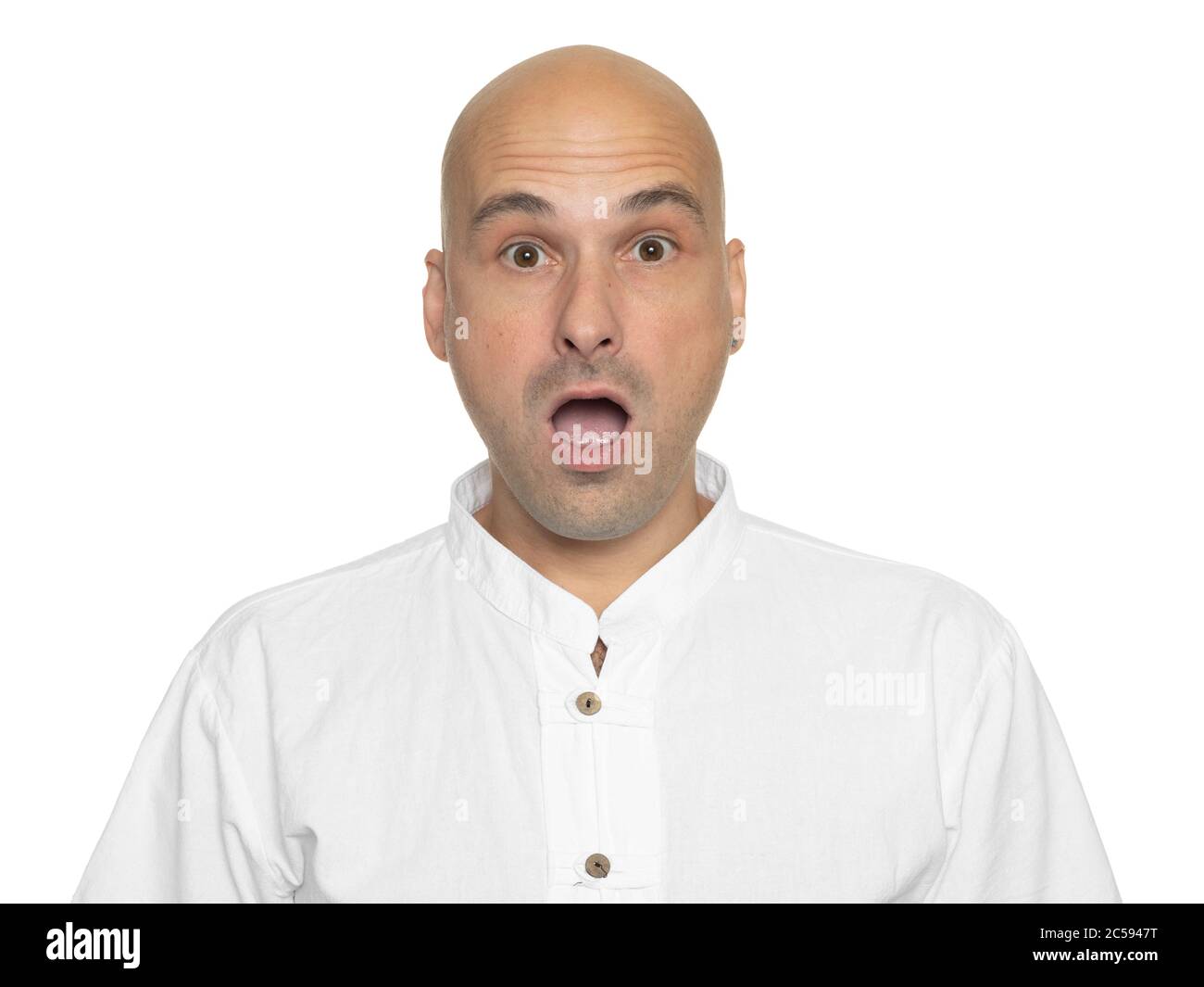 Shocked bald man opened his mouth with surprise. Isolated on white ...