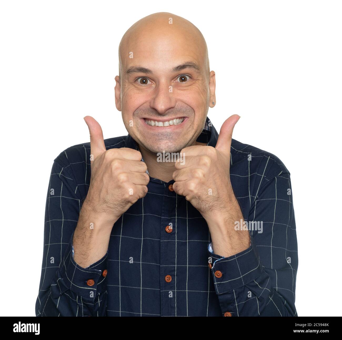 Cheerful funny bald man showing thumbs up. Isolated Stock Photo - Alamy