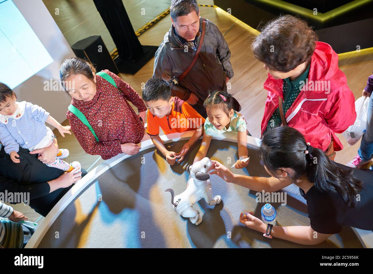 SHENZHEN, CHINA - CIRCA APRIL, 2019: people play with Sony's Aibo robot dog at Sony Expo 2019 at ...