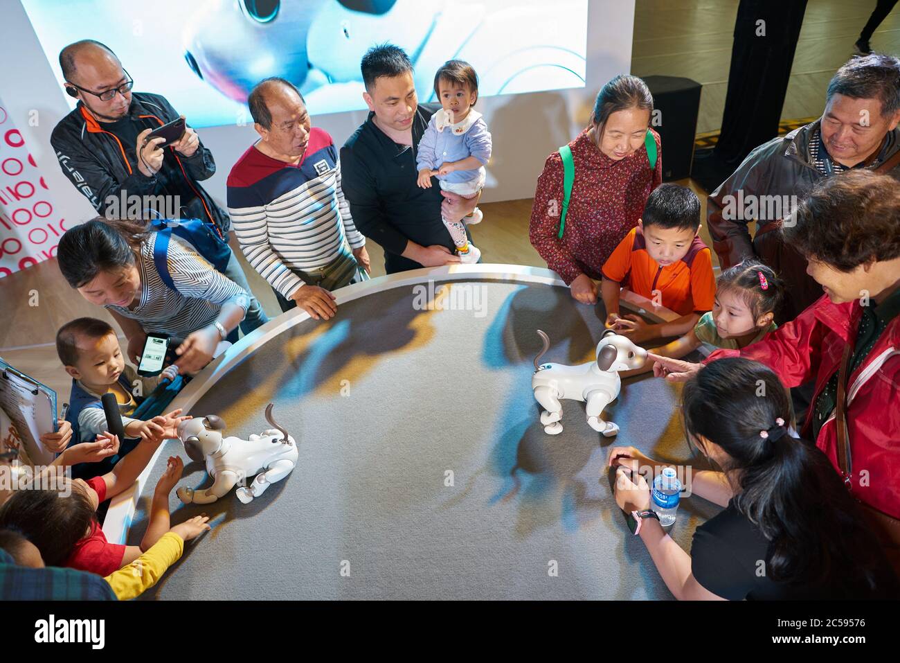 SHENZHEN, CHINA - CIRCA APRIL, 2019: people play with Sony's Aibo robot dog at Sony Expo 2019 at ...