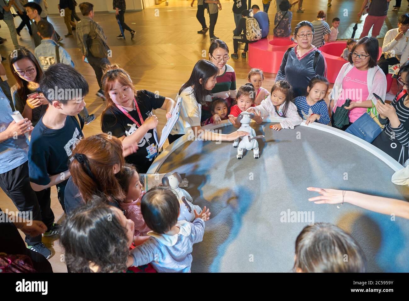 SHENZHEN, CHINA - CIRCA APRIL, 2019: people play with Sony's Aibo robot dog at Sony Expo 2019 at ...