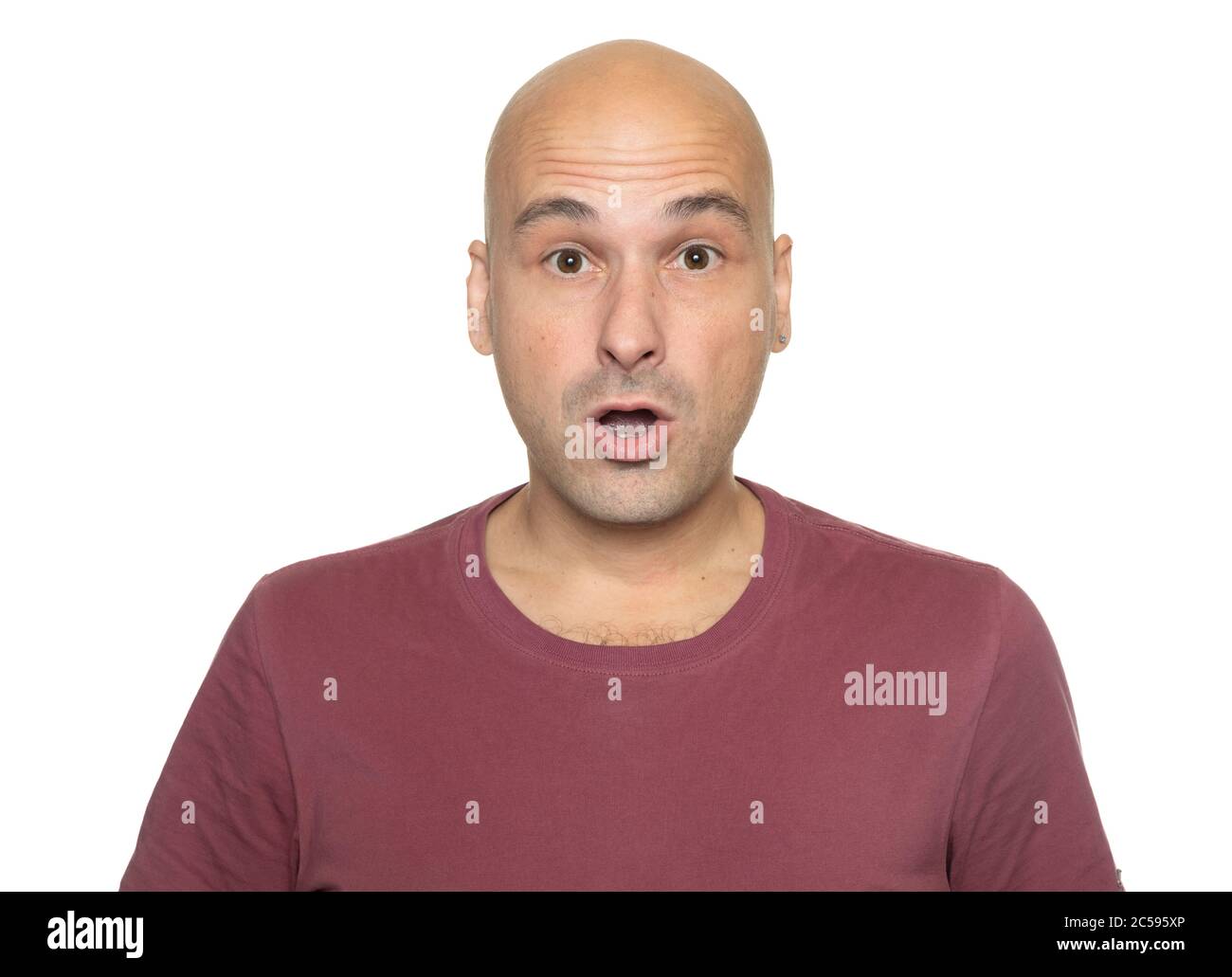 Shocked middle aged bald man isolated on white background Stock Photo ...