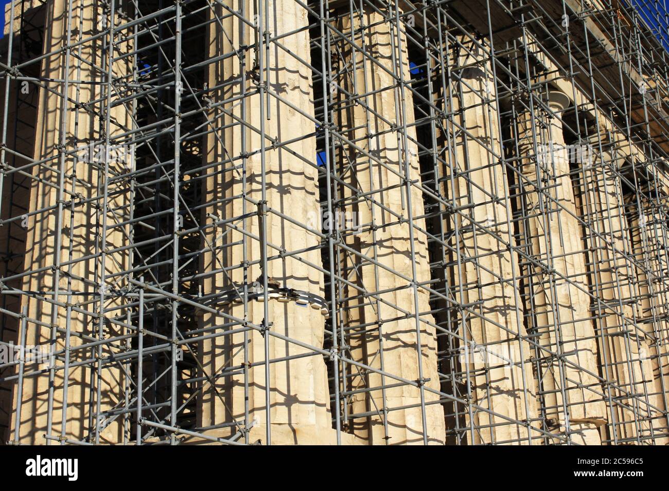 Greece, Athens, Acropolis hill, June 16 2020 - Scaffolding for restoration works on Parthenon ...