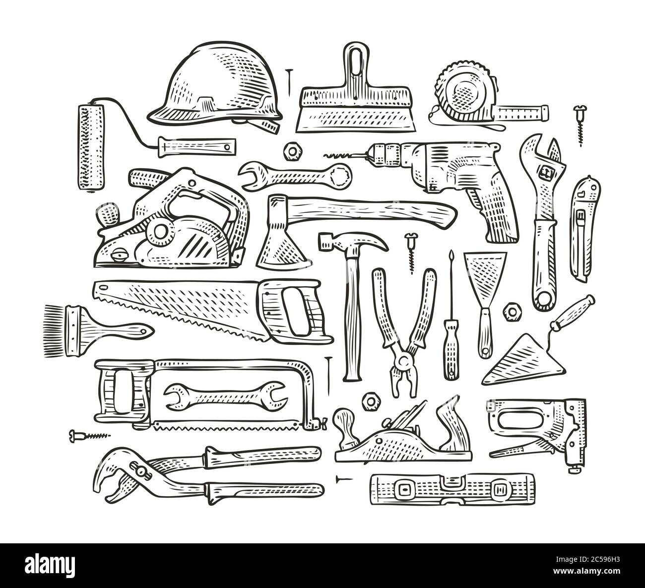 Building tools hand-drawn sketch. Construction vector illustration ... Building tools hand-drawn sketch. Construction vector illustration ...