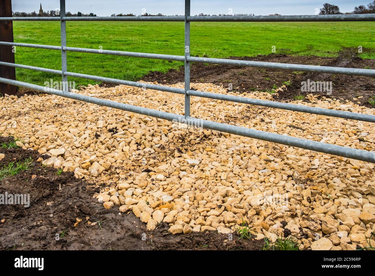 Isolated image of a new installed farm gate entrance. Showing the steel ...