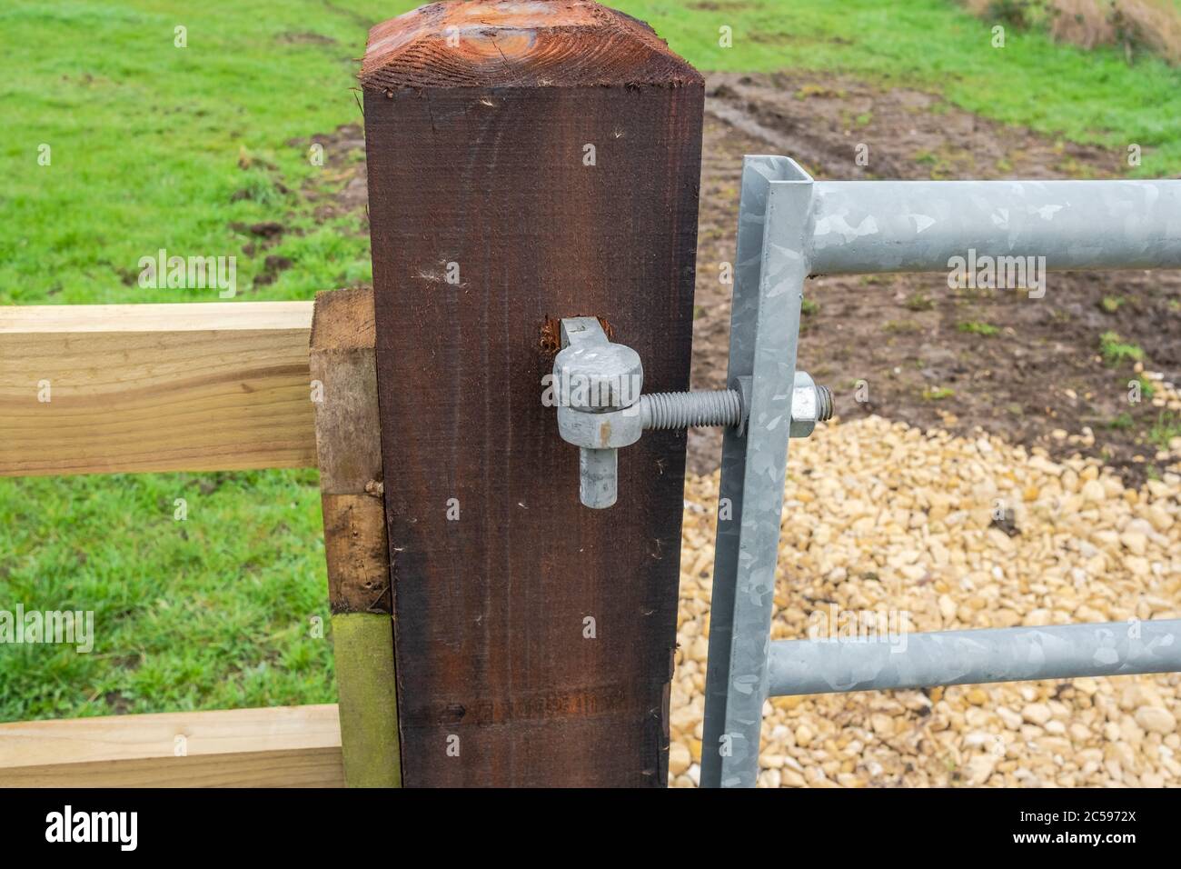 Isolated image of a new installed farm gate entrance. Showing the steel ...