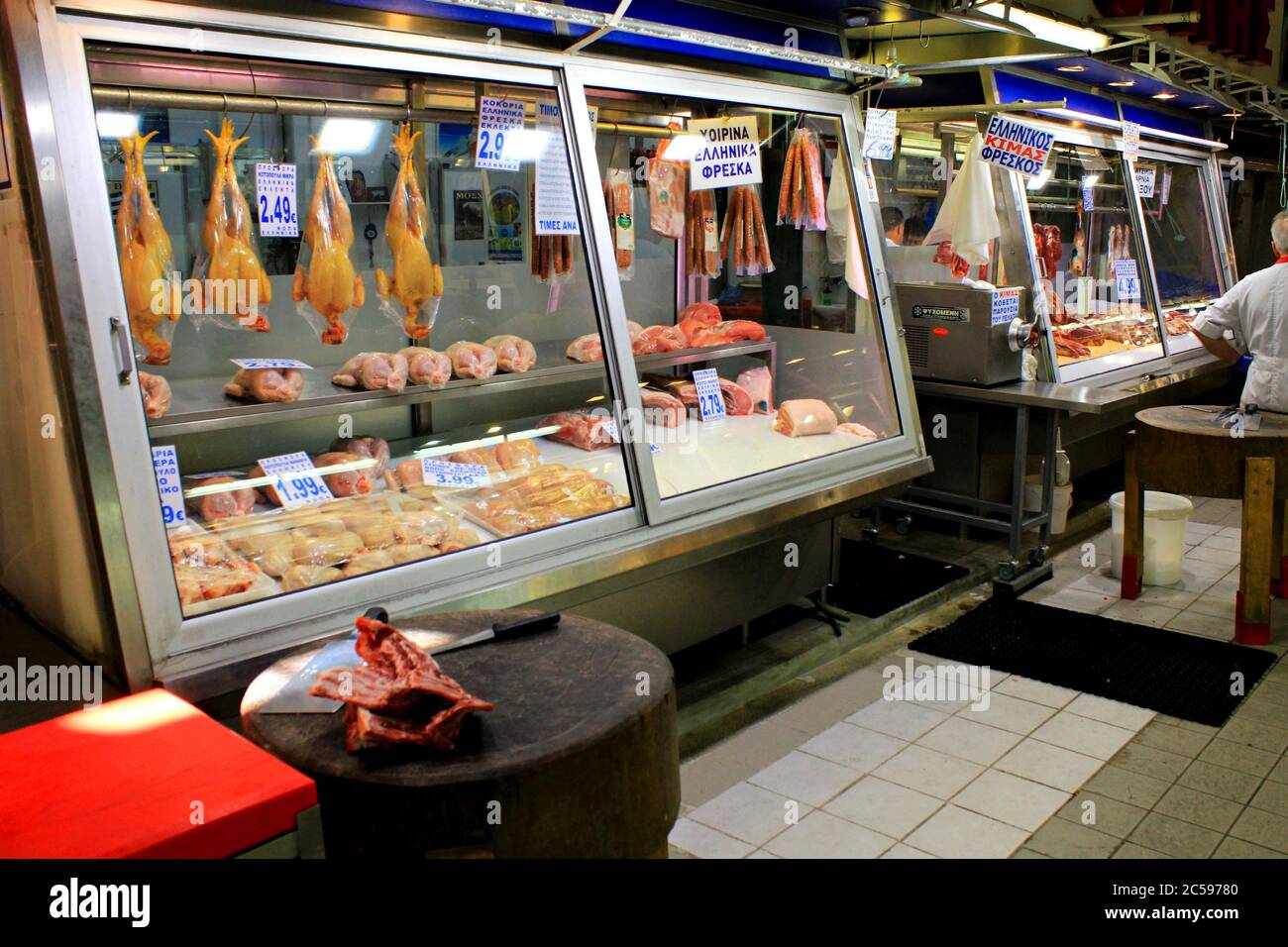 Greece, Athens, June 17 2020 - Stalls with meat at the central market ...