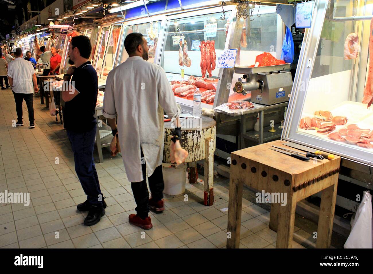 Greece, Athens, June 17 2020 - Stalls with meat at the central market ...