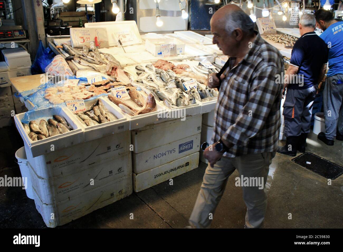 Greece, Athens, June 17 2020 - Stalls with seafood in the central ...