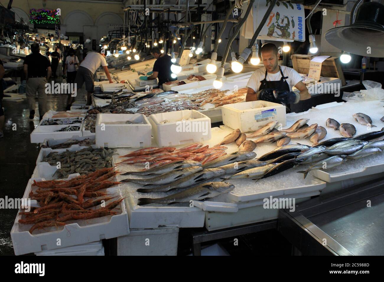 Greece, Athens, June 17 2020 - Stalls with seafood in the central ...