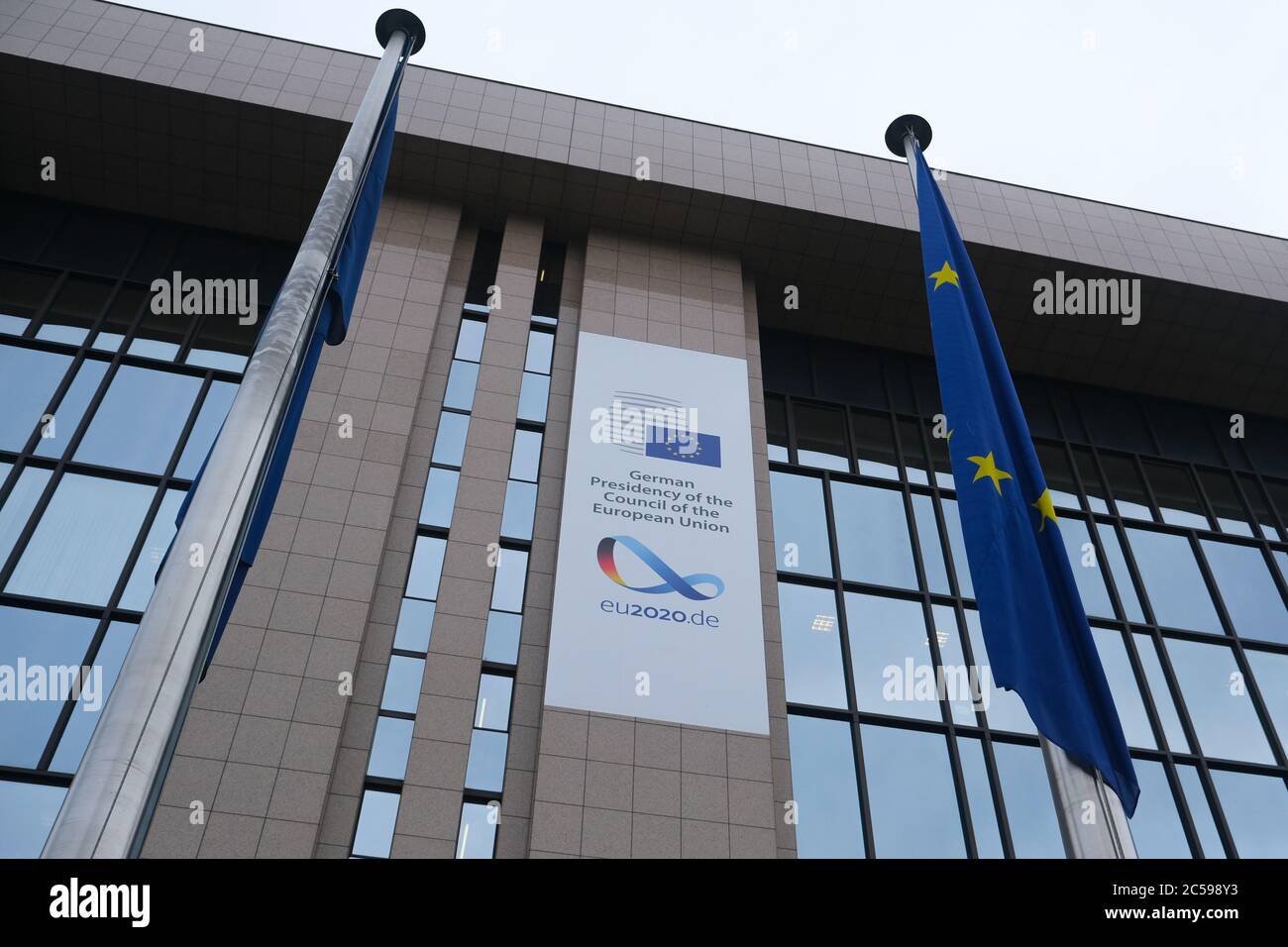 Brussels, Belgium. 1st July, 2020. A view of a banner outside of the EU ...