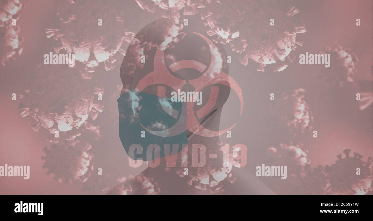 Hazard sign and Covid-19 text and cells against 3D human head model ...