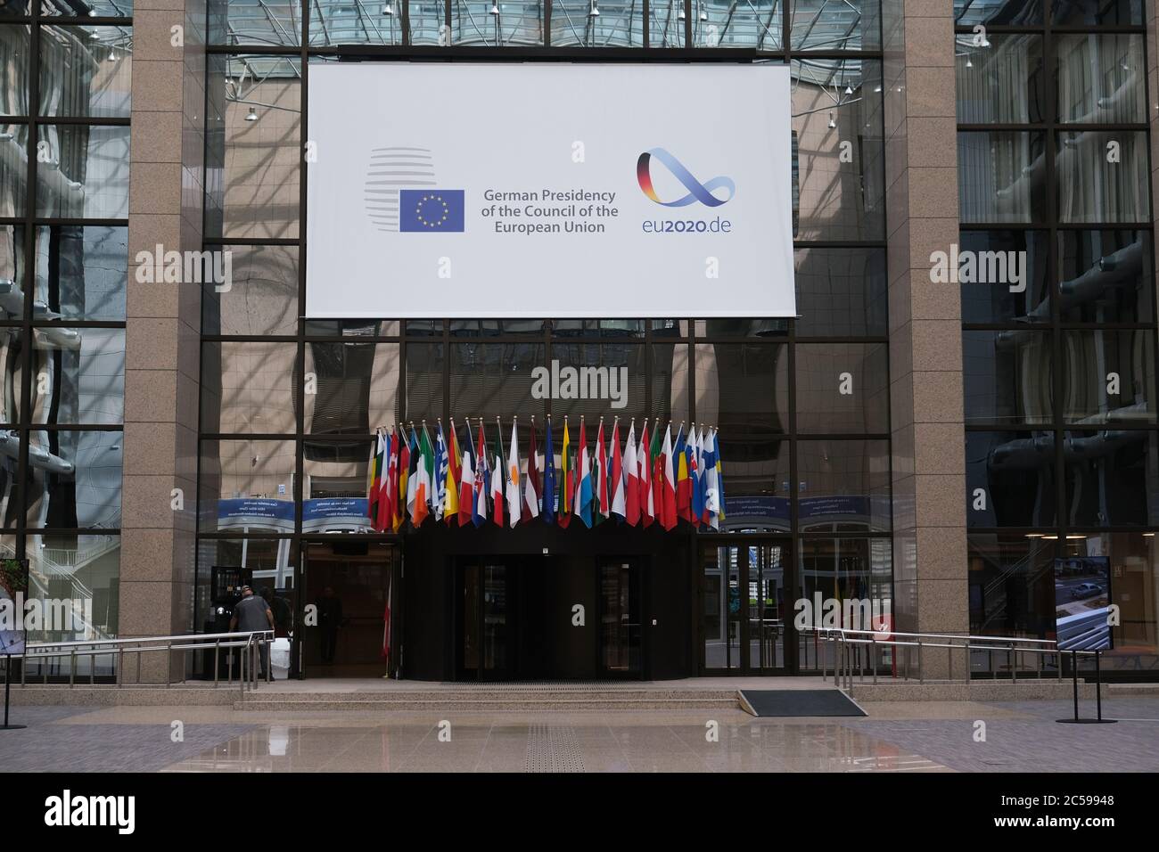 Brussels, Belgium. 1st July, 2020. A view of a banner inside the EU ...