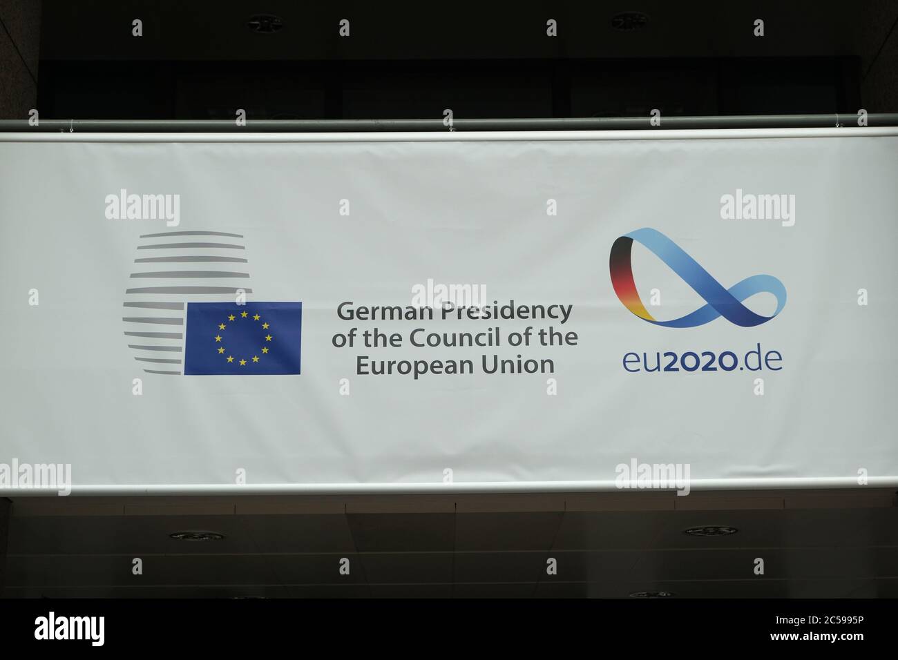 Brussels, Belgium. 1st July, 2020. A view of a banner inside the EU ...