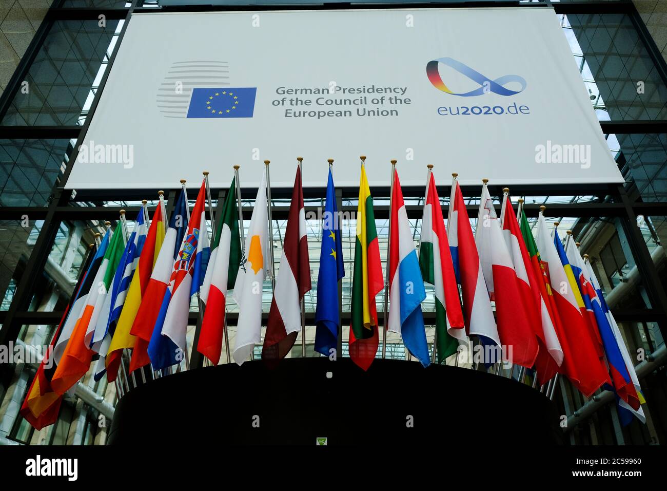 Brussels, Belgium. 1st July, 2020. A view of a banner inside the EU ...