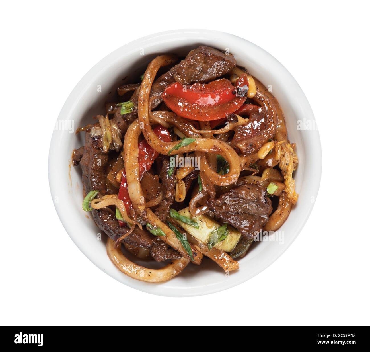 beef with udon in a bowl isolated on white with clipping path. Top view ...