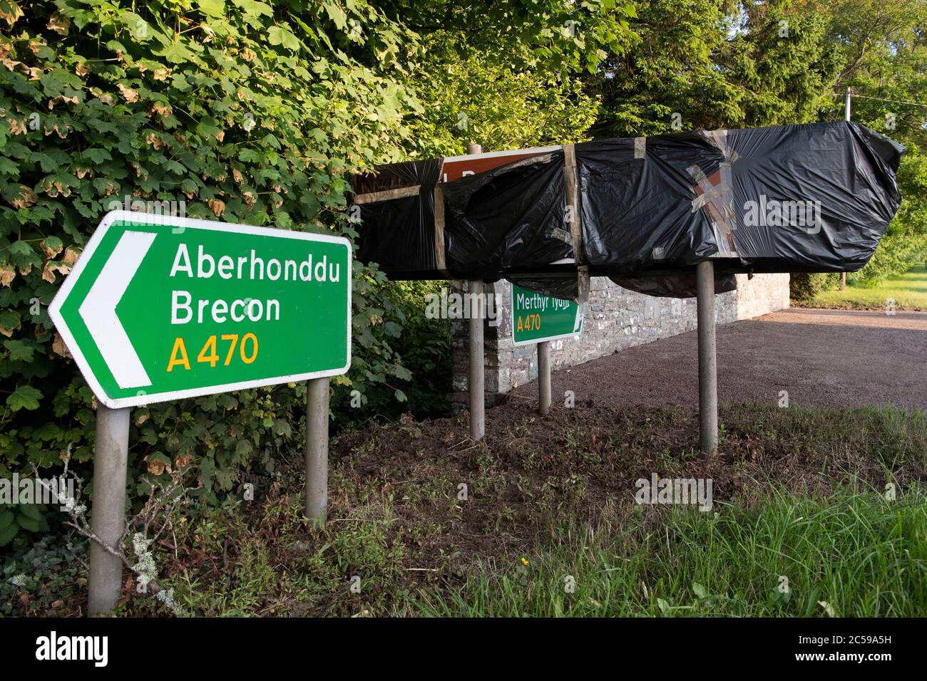 Signs to Storey Arms at the Brecon Beacons are covered over with ...