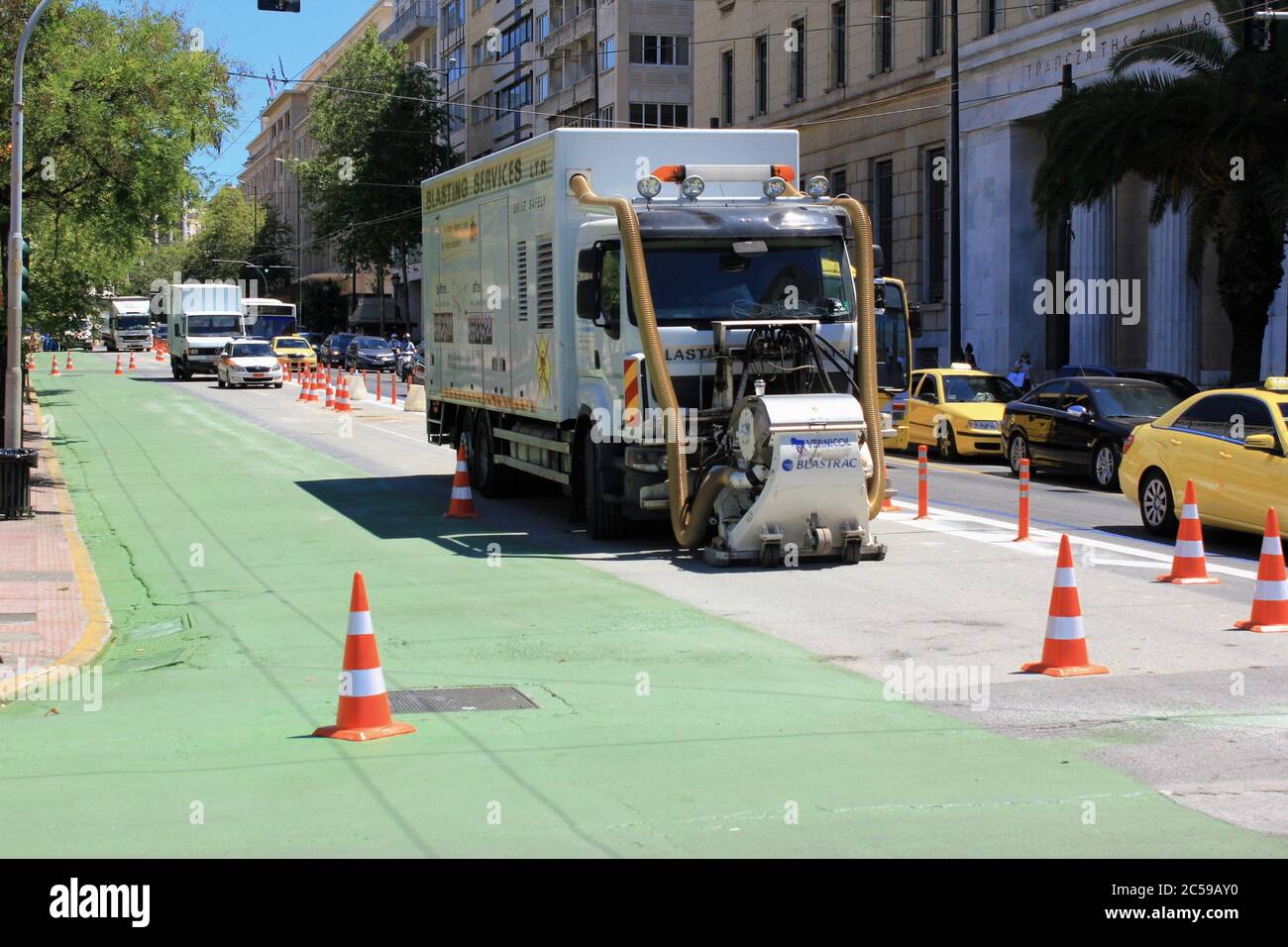 Greece, Athens, June 17 2020 - Pedestrian footway and cycle track under ...