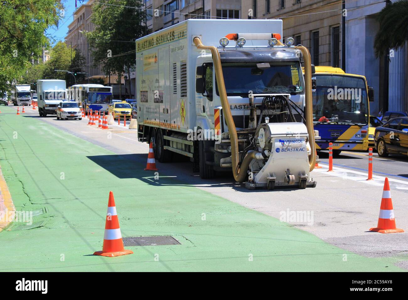 Greece, Athens, June 17 2020 - Pedestrian footway and cycle track under ...