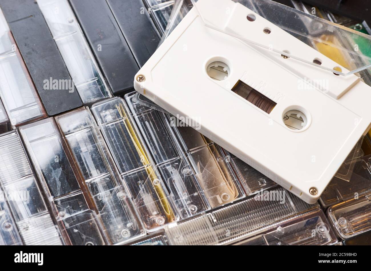 Single white audio cassette without markings on top of the box with ...